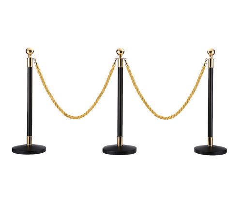 3x Queue Barriers & 2 Ropes - Crowd Control Bollards Stands - Gold with ...