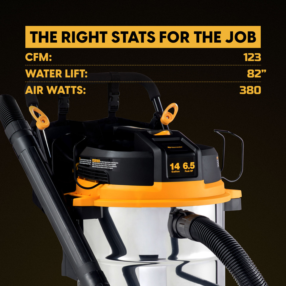 14-Gal 6.5 Peak HP Stainless Steel Wet/Dry Shop Vacuum | Vacmaster Pro