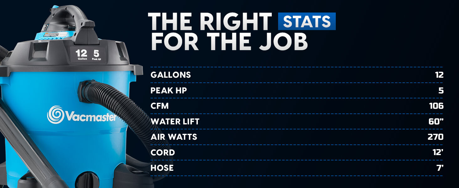 Vacmaster 12 Gallon 5 Peak HP Wet/Dry Vac with Detachable Blower