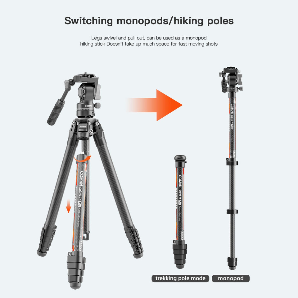 Coman Light H Pro Carbon Fiber Video Tripod & Detachable Monopod with ...