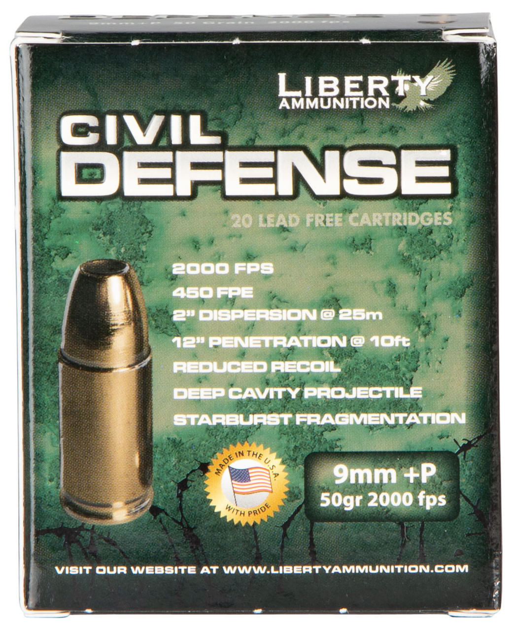 Liberty Ammunition Civil Defense 9mm Luger +P 50 Grain LFF Hollow Point