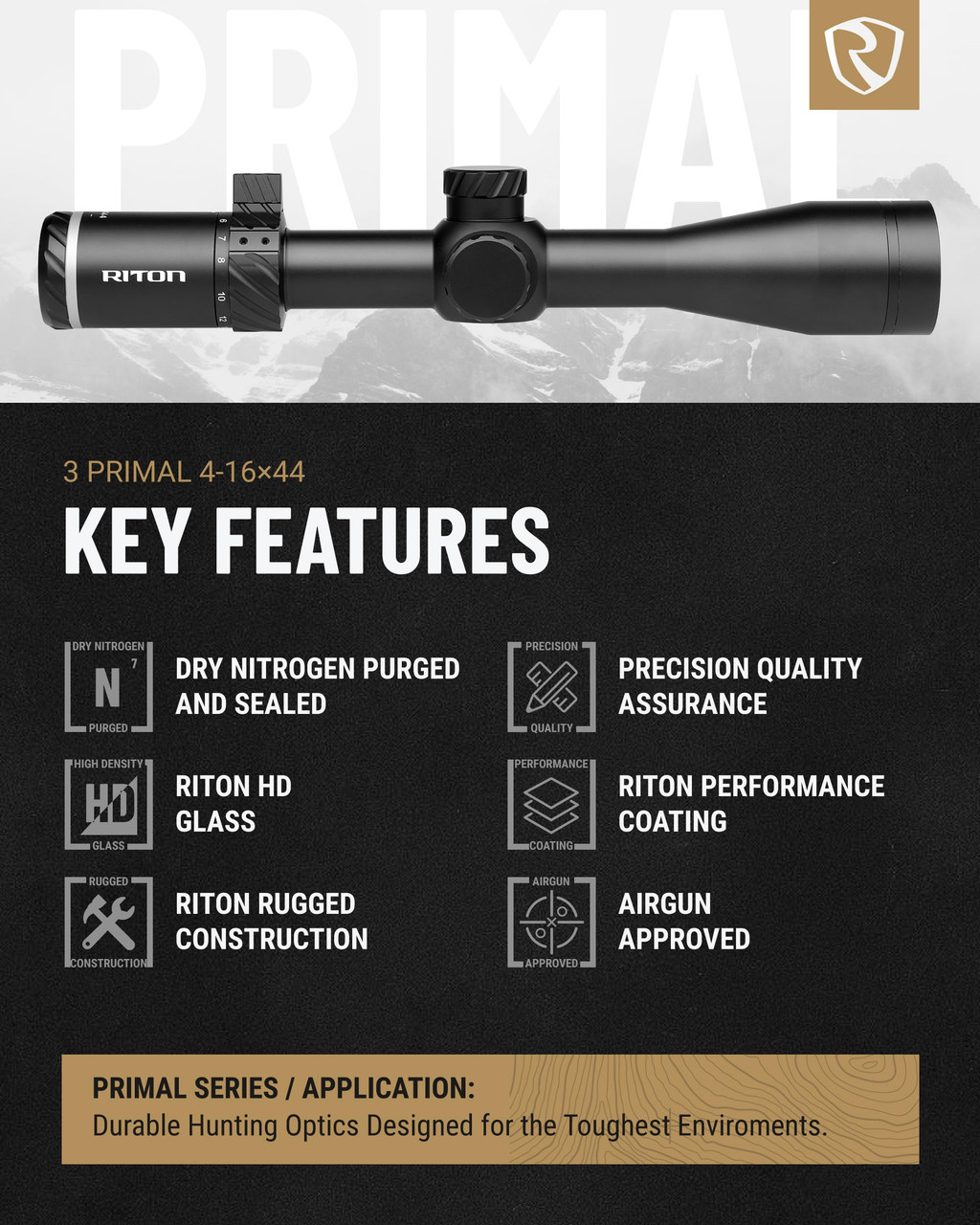 Riton 3 Primal 4–16×44 Rifle Scope — 30mm, SFP, MOA Holdover Reticle