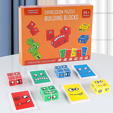 Wooden Expressions Matching Block Puzzle-Building Cubes Card Game ...