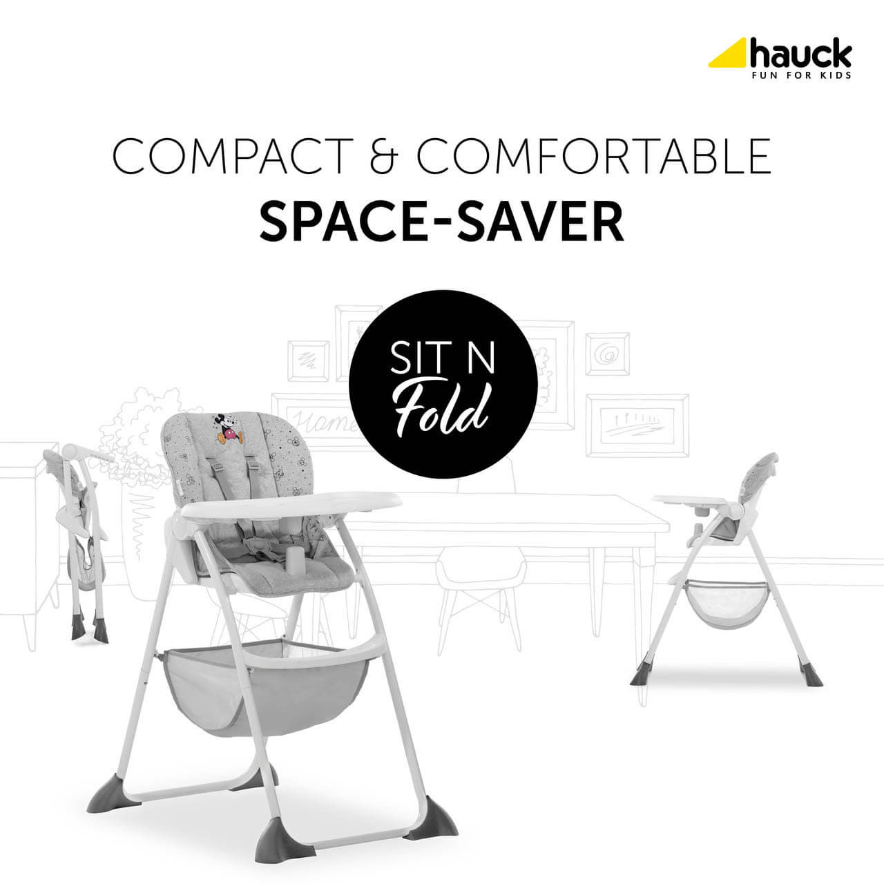 Hauck Sit N Fold Highchair - Mickey Mouse Grey | Winstanleys Pramworld