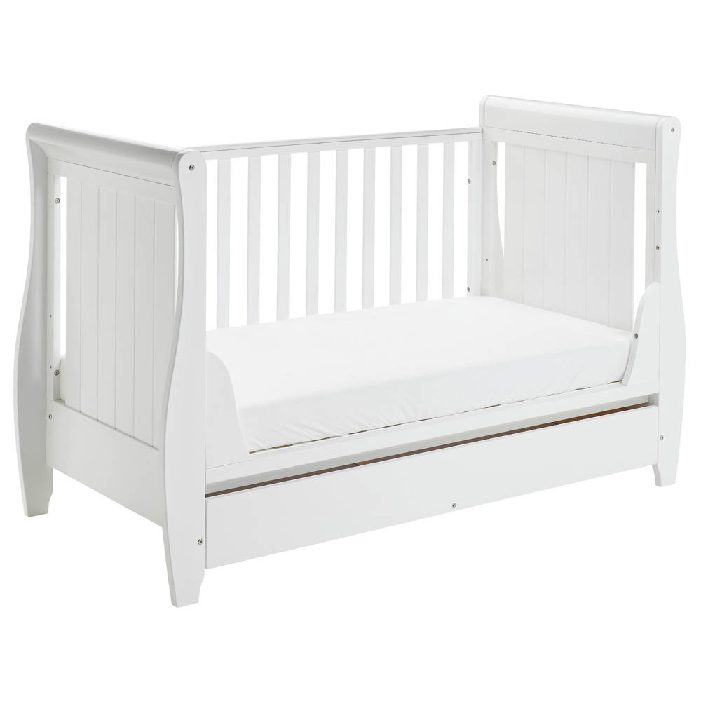Babymore Stella Sleigh Drop Side Cot Bed - White | Winstanleys Pramworld