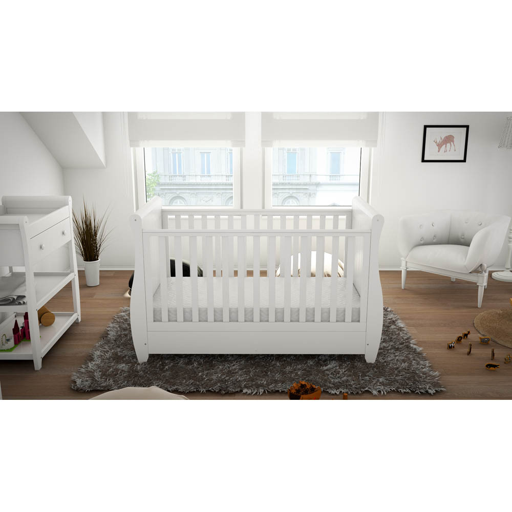 Babymore Stella Sleigh Drop Side Cot Bed - White | Winstanleys Pramworld