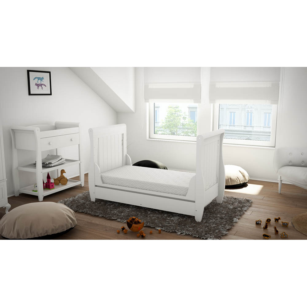 Babymore Stella Sleigh Drop Side Cot Bed - White | Winstanleys Pramworld