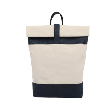 Navy Blue Cork and White Canvas Roll Back Pack - Iberian Import Co