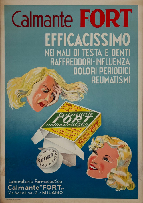Calmante Fort Analgesic Poster Original 1940's Italian Drug Maker Ad ...