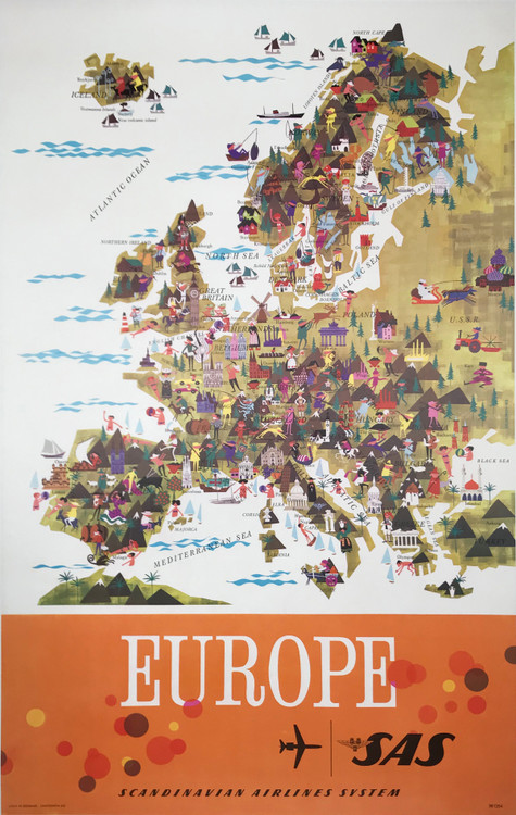 SAS Europe original 1963 travel poster Scandinavian Airlines by Clausen