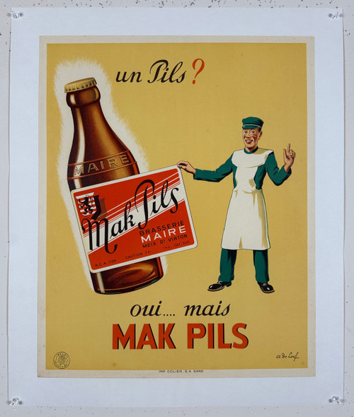 Mak Pils Brasserie Poster By A. De Loof Original 1940 Vintage Belgium ...