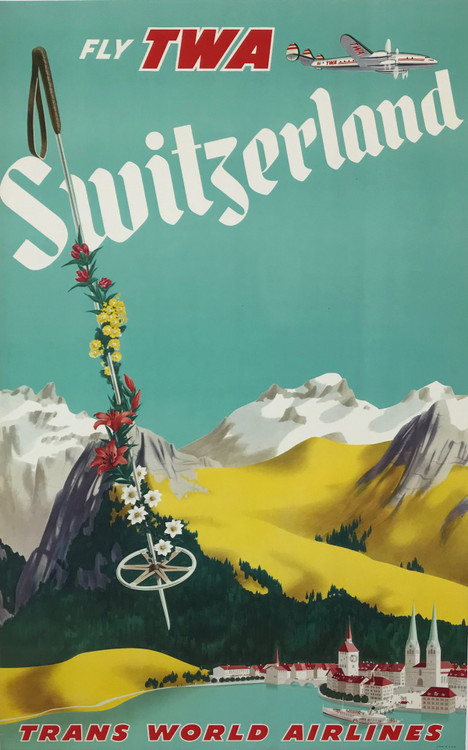 Fly TWA Switzerland Original 1952 Vintage American Passenger Plane ...