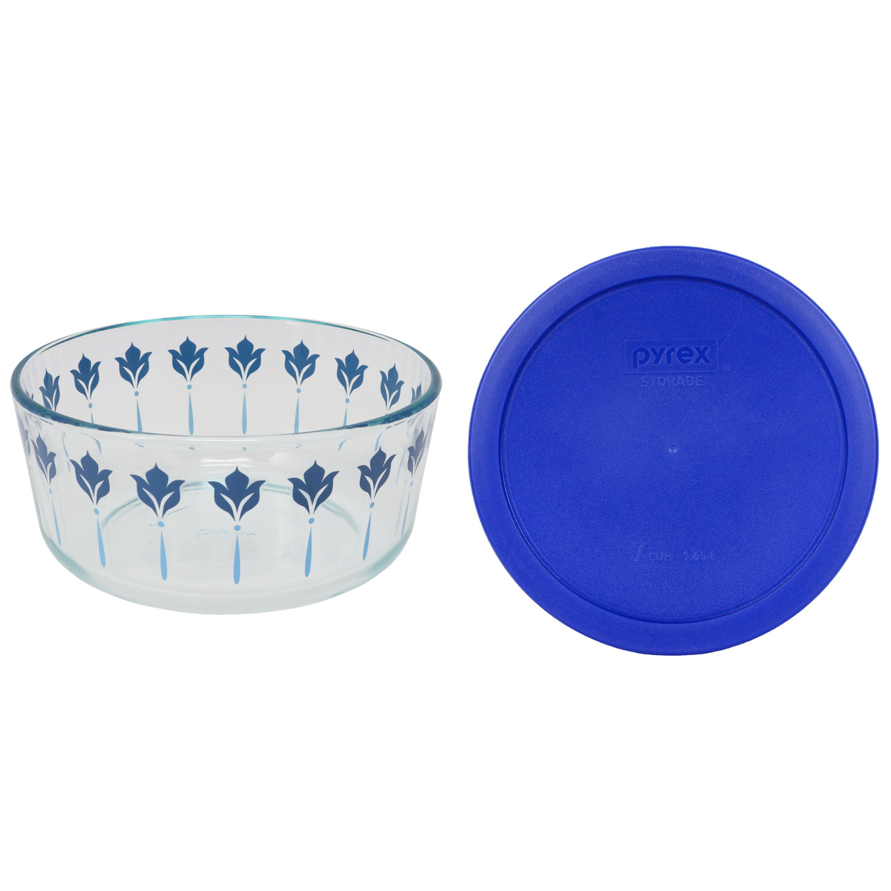 Pyrex 6/7 Cup Blue and Teal Flower Glass Dish W/ 7402-PC Cobalt Blue ...