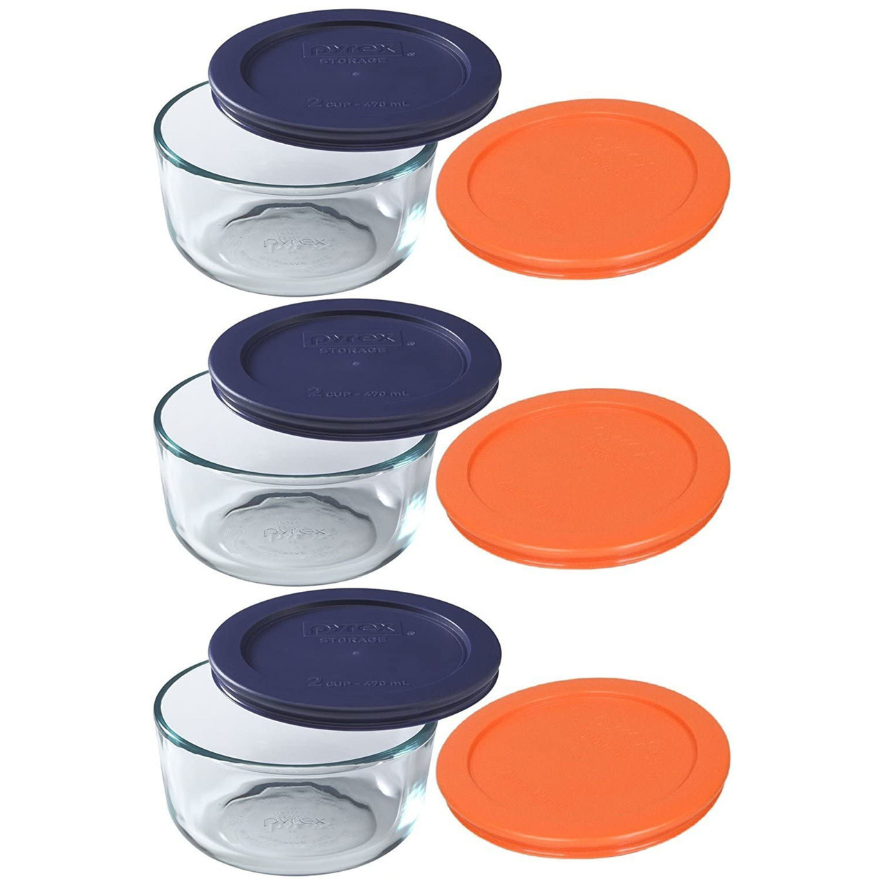 Pyrex (3) 7200 2-Cup Glass Bowls with (3) 7200-PC Dark Blue and (3 ...