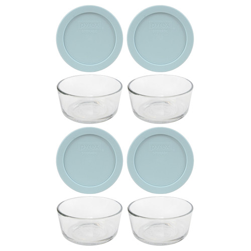 Pyrex (4) 7200 2 Cup Glass Bowls & (4) 7200-PC Muddy Aqua Lids | Helton ...