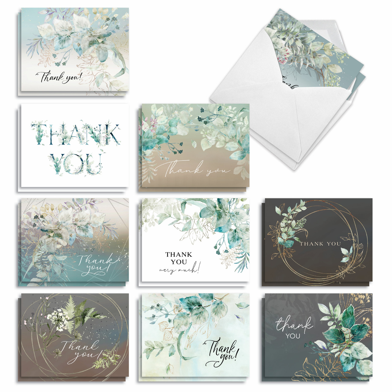 Greenery Gratitude, Assorted Set Of Printed Blank Thank You Notecards ...