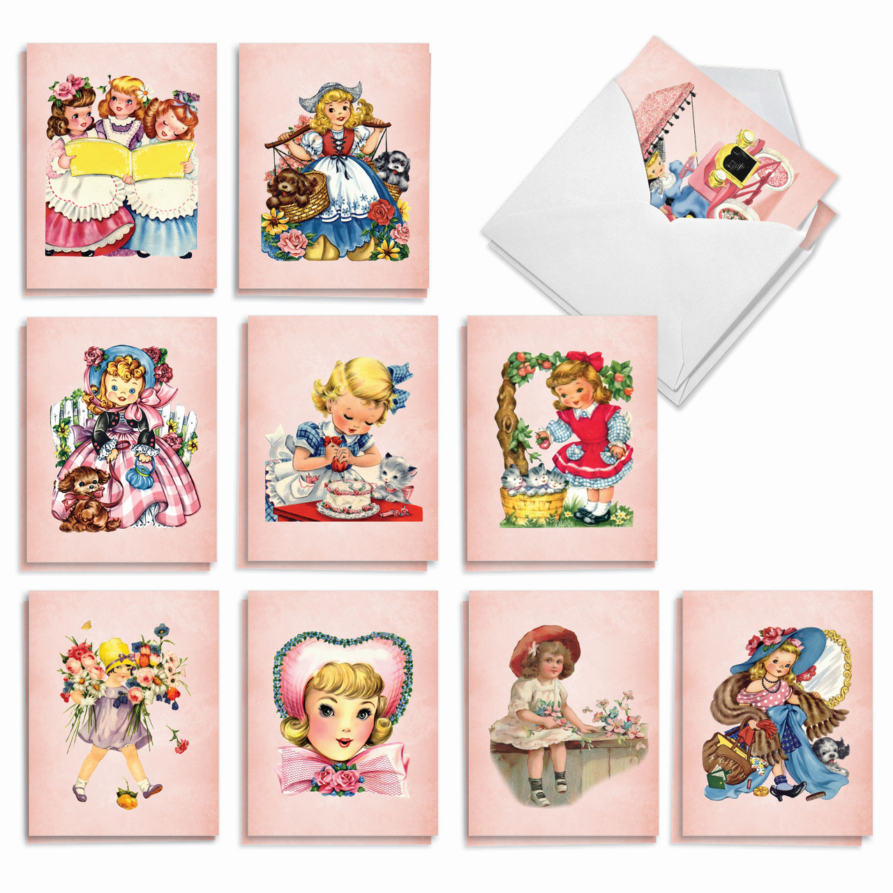 Vintage Girls Assorted Set Of Printed Blank All Occasions Notecards