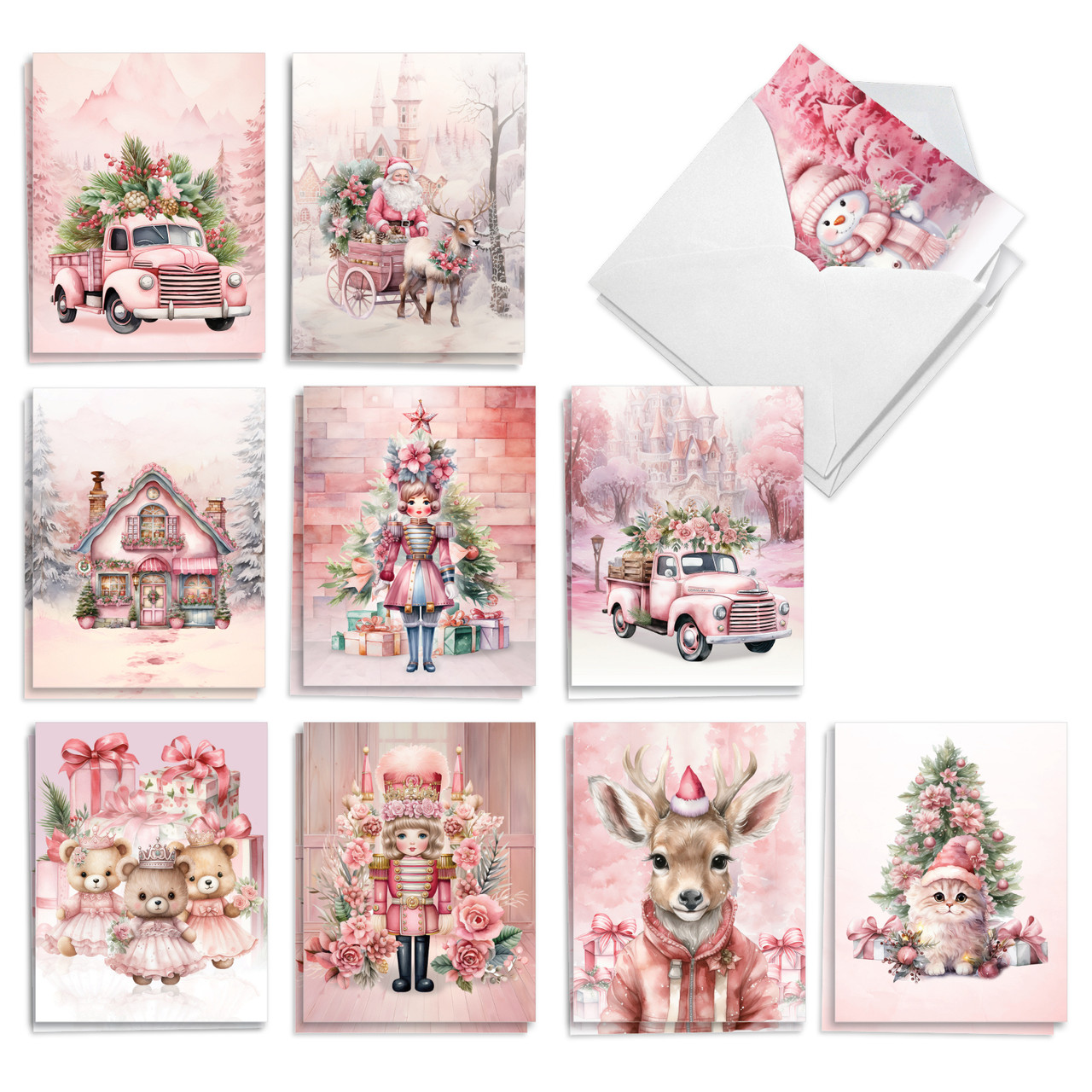 Holiday In Pink, Assorted Set Of Printed Christmas Notecards ...