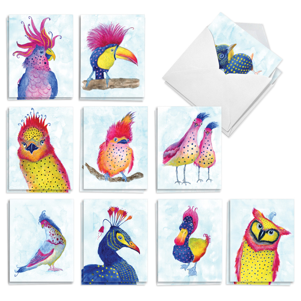 Funky Birds, Assorted Set Of Printed Blank All Occasions Notecards ...