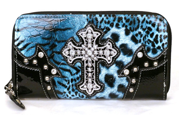 Blue Leopard Print Cross Rhinestone Wristlet