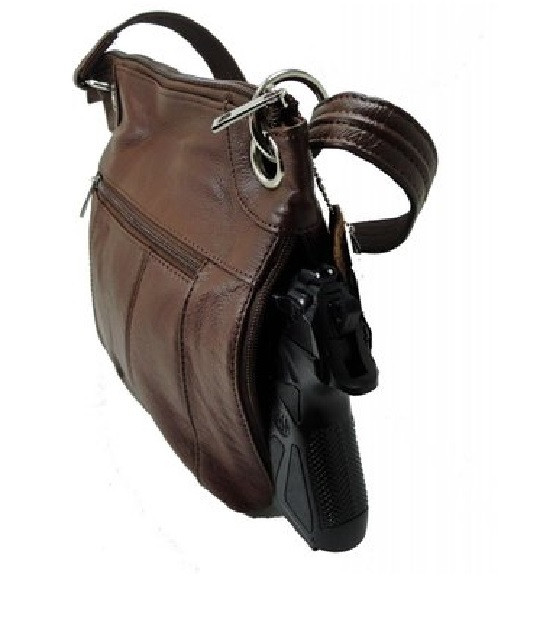 Concealed Carry Cross Body Leather Gun Purse with Locking Zipper Brown