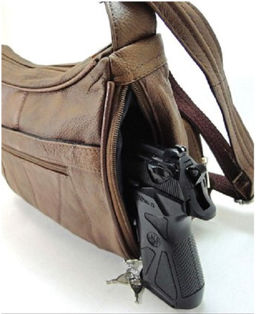 Concealed Carry Leather Gun Purse w/ Organizer & Shoulder Strap