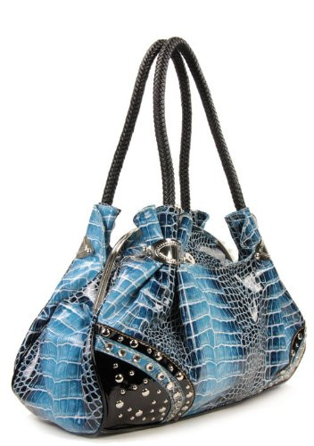 Blue Croc Embossed Twist Closure Rhinestone Fashion Purse