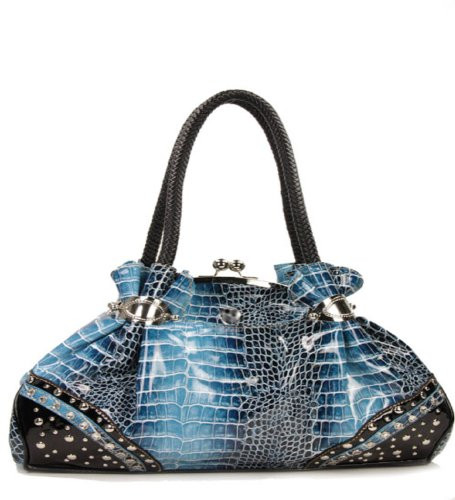Blue Croc Embossed Twist Closure Rhinestone Fashion Purse