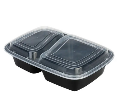 32oz Black Plastic Containers w/ Lids - Two Compartment (150/cs)