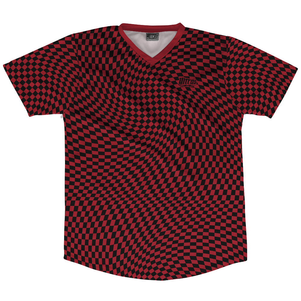 Warped Checkerboard Soccer Jersey Made In USA - Red Cardinal And Black