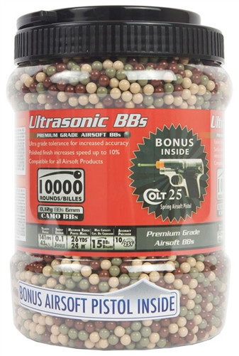 10000 Camo Ultrasonic .12g Airsoft BBs W/ Colt .25 Clear Spring Pistol