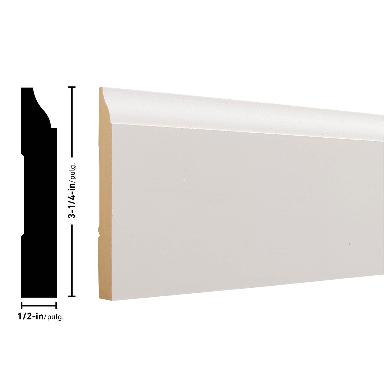 623 Primed MDF Baseboard - 1/2" x 3-1/4" - Empire Moulding and Millwork