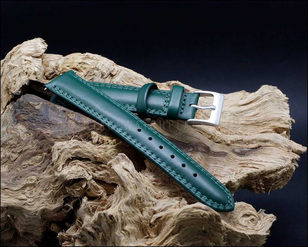Green color, Smooth grain, double stitched, elegant classic strap, calf ...
