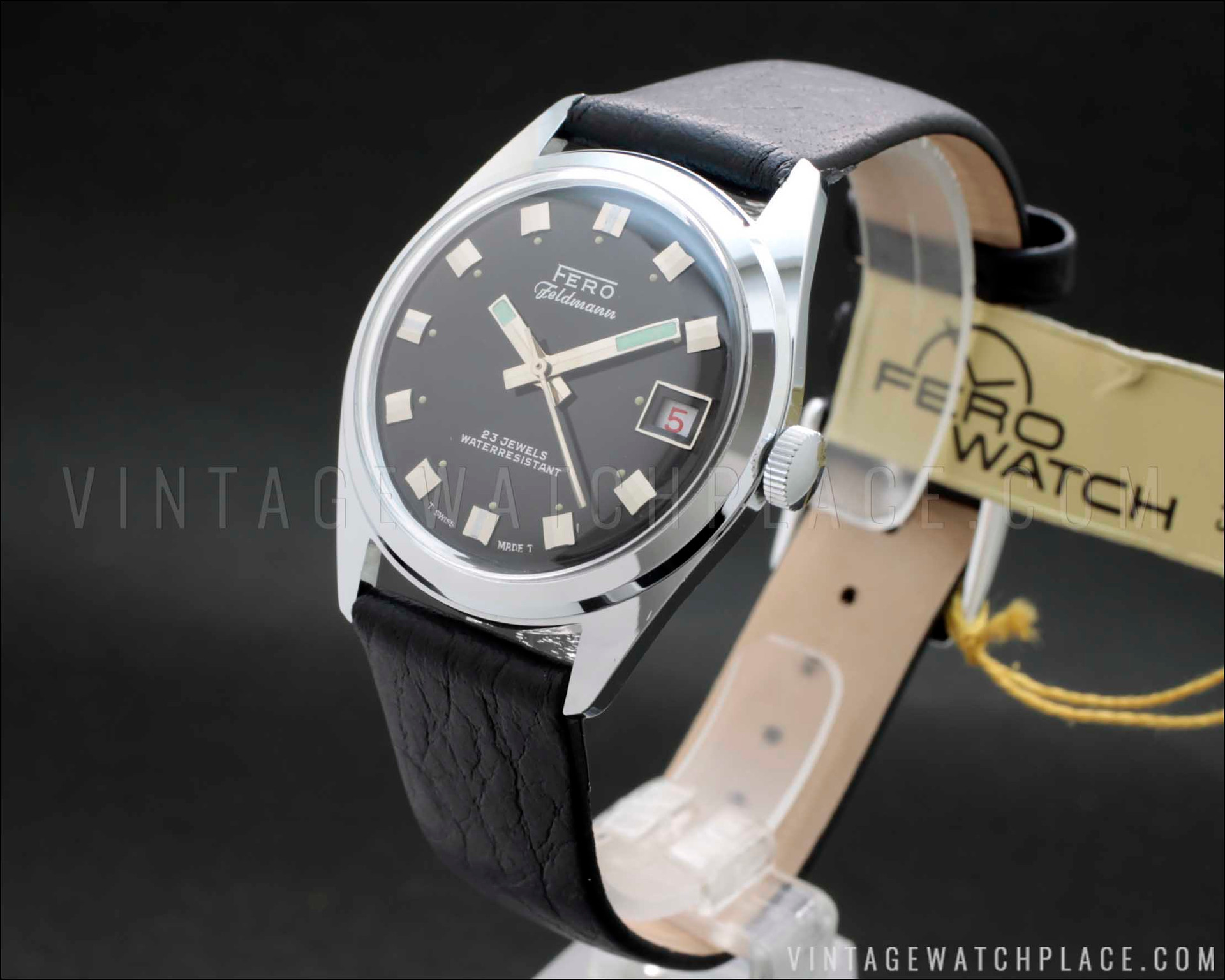 New Old Stock 60's Fero Feldmann black dial mechanical vintage watch, beautiful black dial ...