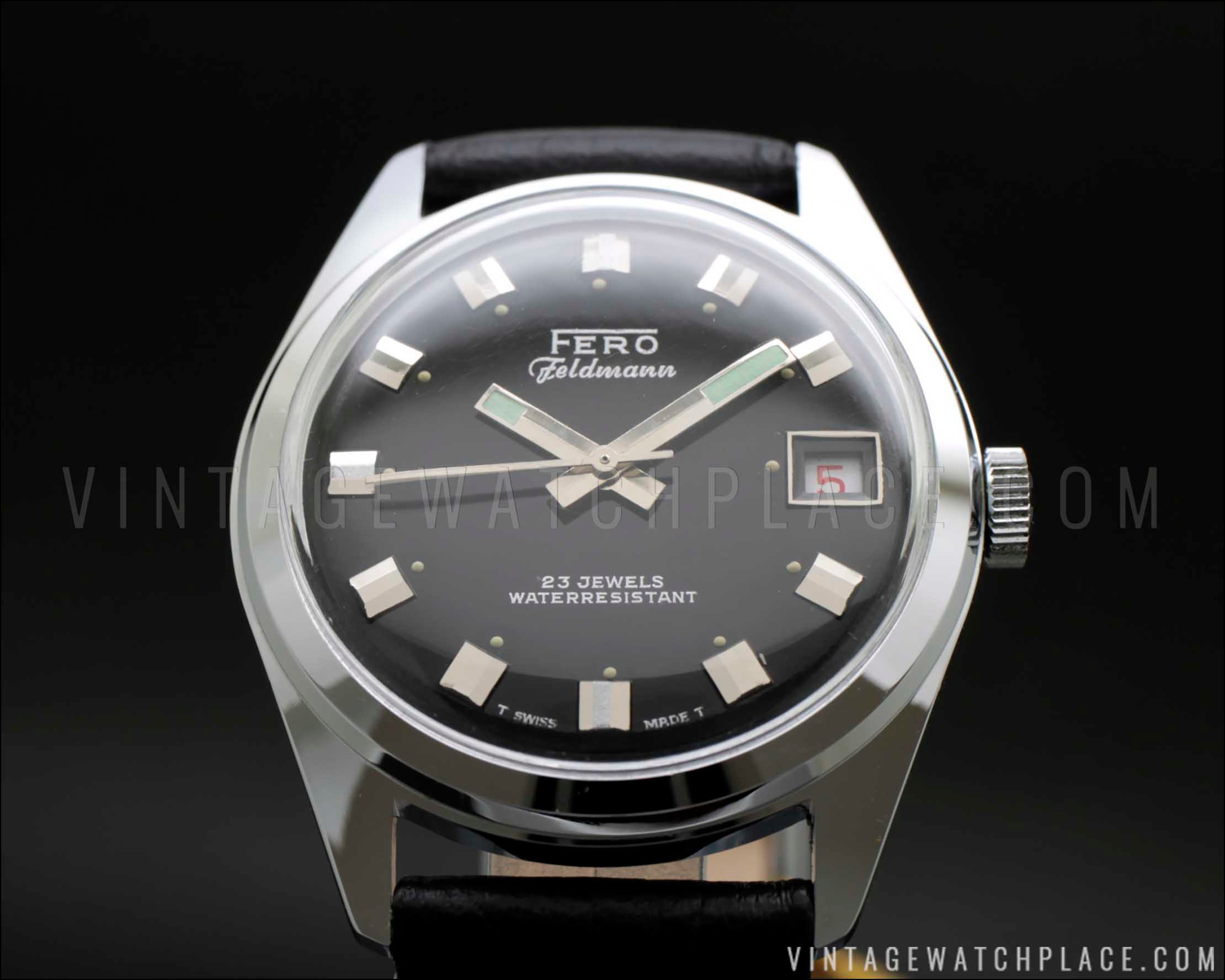 New Old Stock 60's Fero Feldmann black dial mechanical vintage watch ...