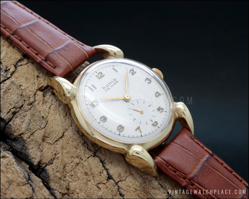 1940's Huma mechanical vintage watch, fancy lugs, FEF 190, gold plated ...