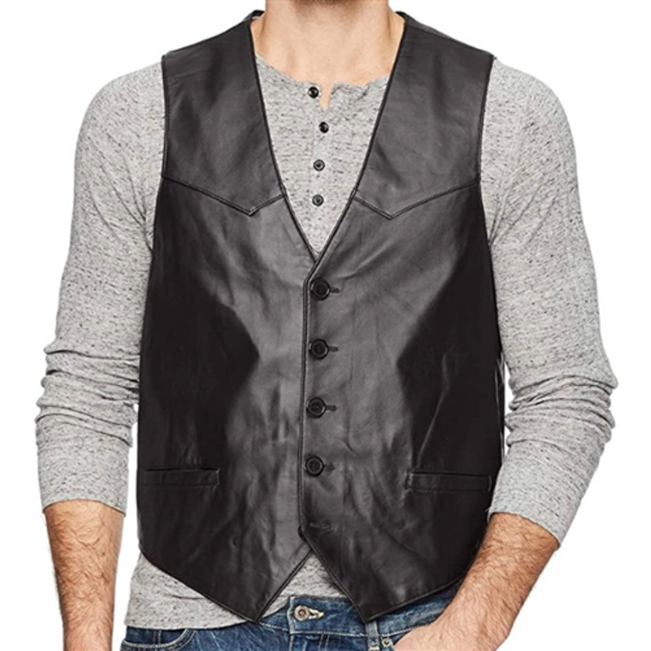 Men's Black Lambskin Leather Dress Vest (Button-Up)