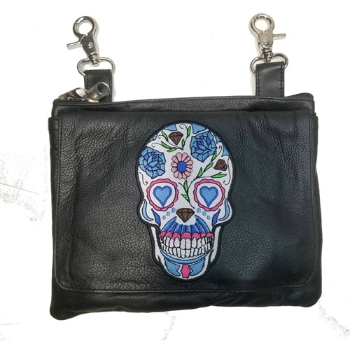 Colorful Sugar Skull Leather Hip Clip Bag for Bikers | Leather Bound NJ