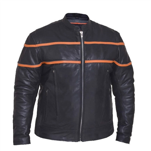 Orange Striped Leather Motorcycle Jacket | Men’s Racer Leather Jacket