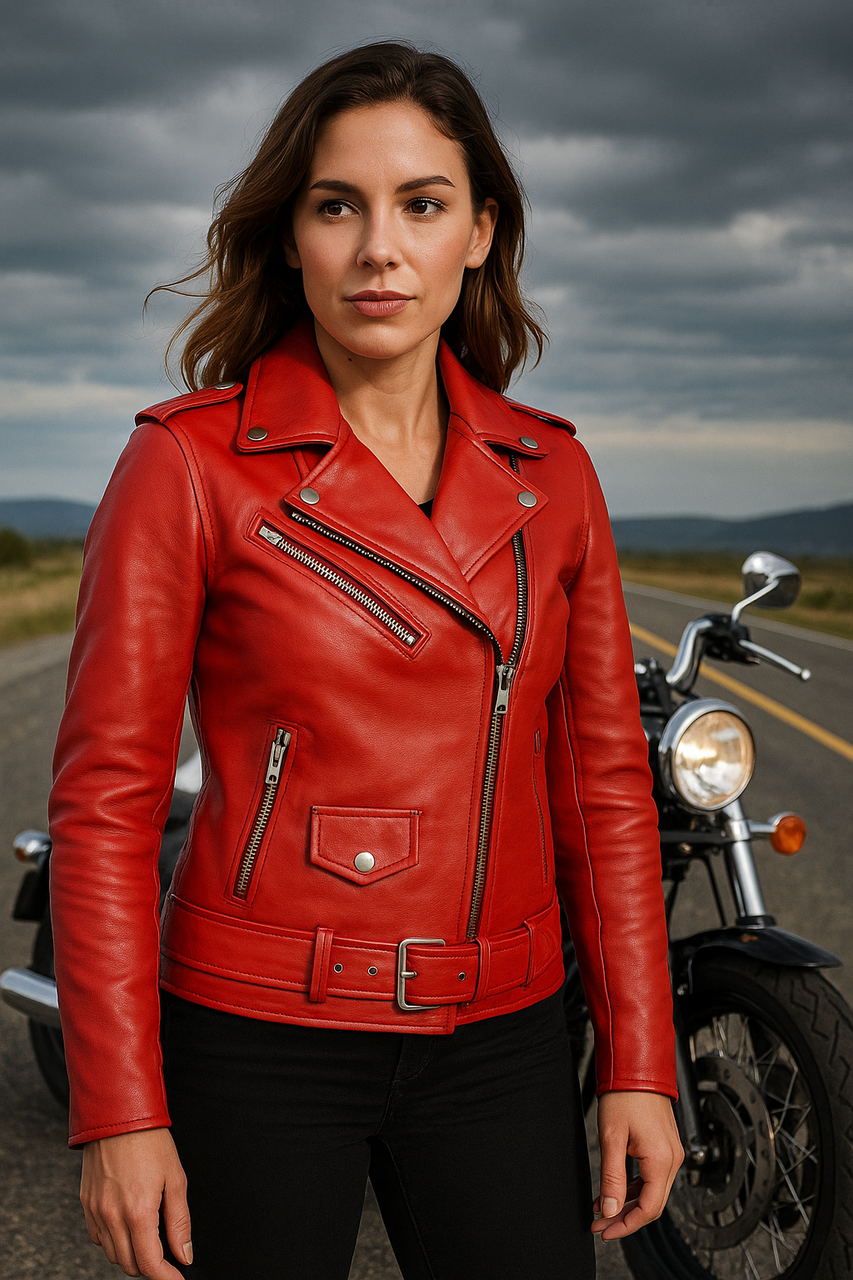 Women's Red Leather Biker Jacket | Unik | Leather Bound NJ
