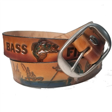 Bass Fishing Embossed Leather Belt | USA Made | Leather Bound NJ