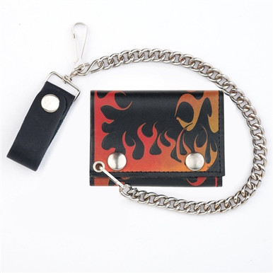 Biker Leather Chain Wallet with Flames | USA Made | Leather Bound NJ