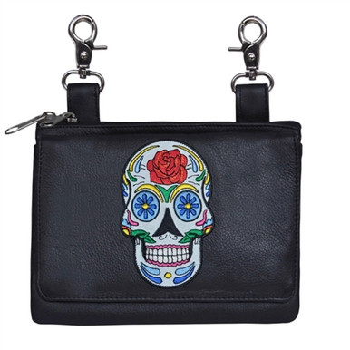 Leather Motorcycle Riding Purse, Colorful Sugar Skull Rose Biker Purse