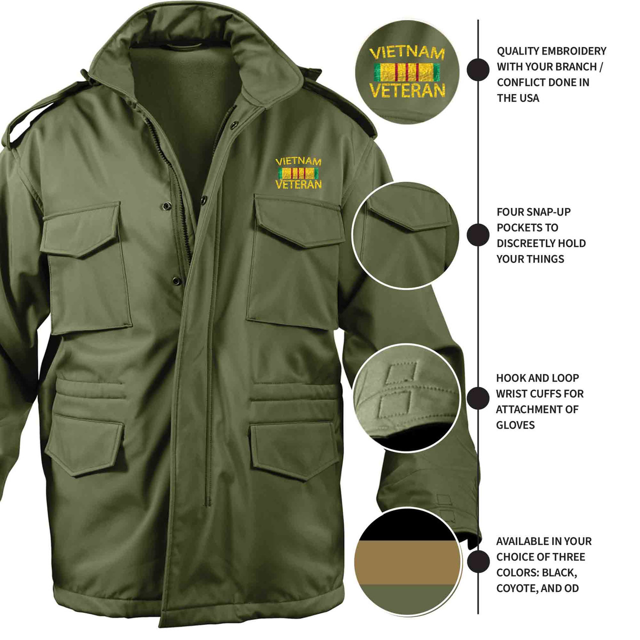 Custom Embroidered Vietnam Veteran with Service Ribbon Soft Shell M-65 ...