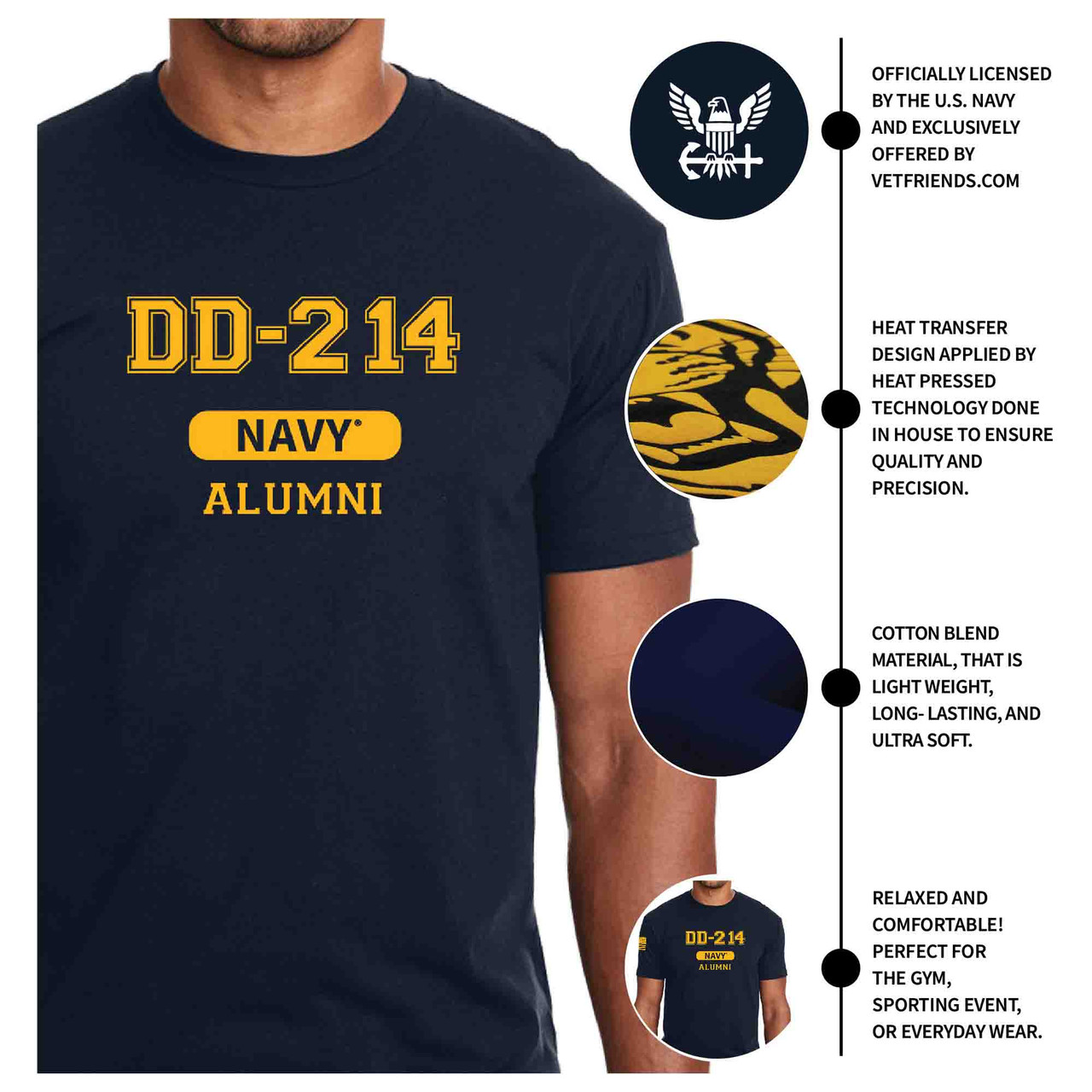 U.S. Navy DD-214 Navy Alumni T-Shirt with American Flag on Sleeve