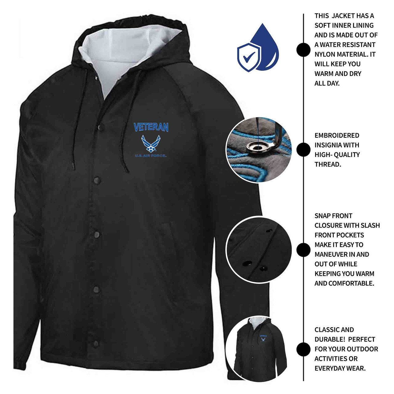 USAF Veteran Embroidered Hooded Sports Jacket with Wings Logo ...
