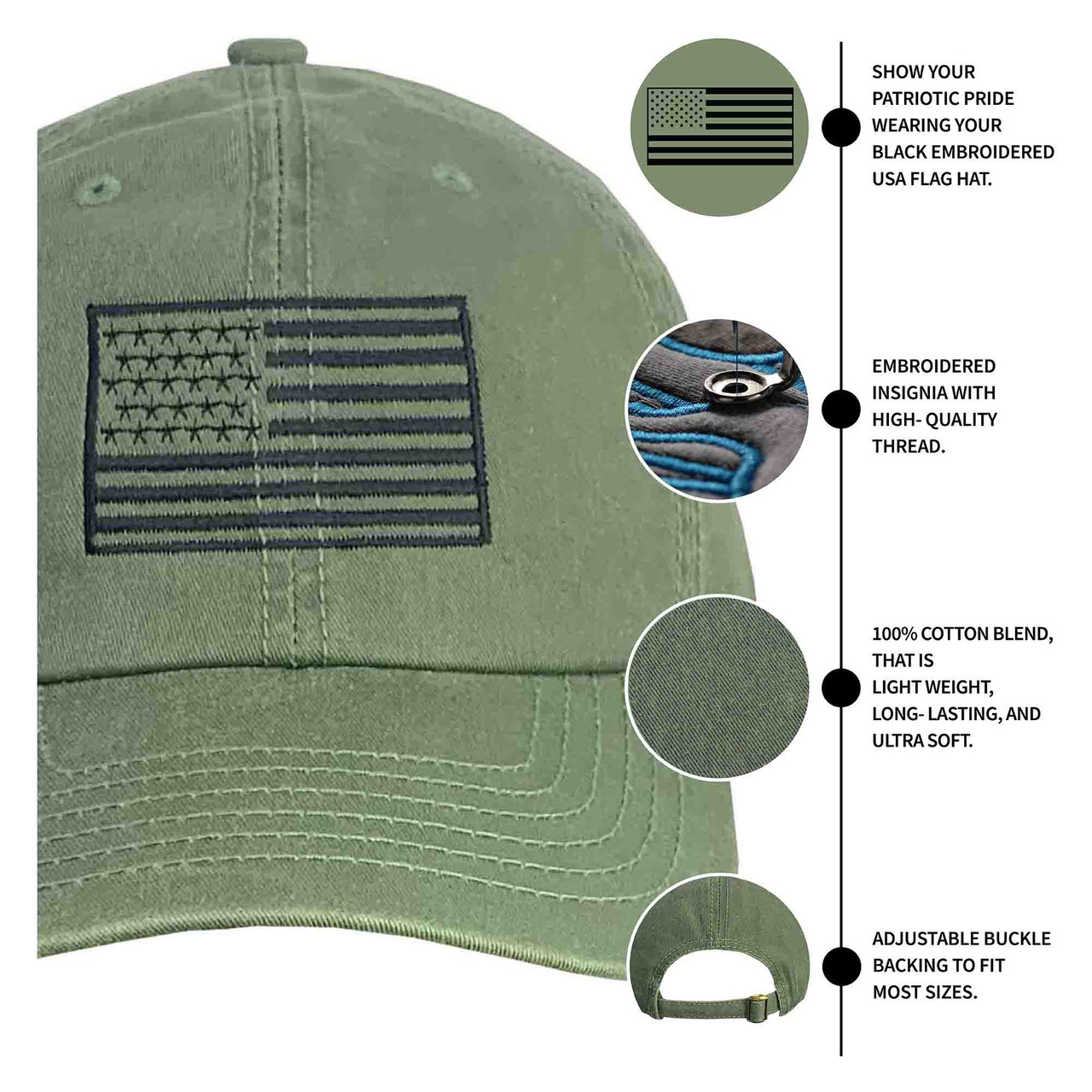 Black USA Flag Embroidered Olive Drab Hat