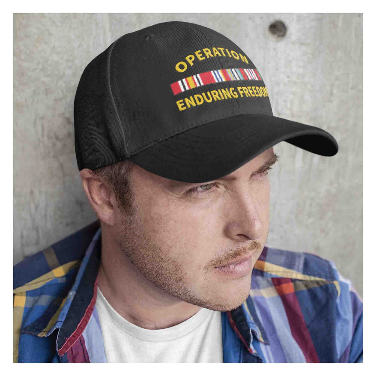 Operation Enduring Freedom Embroidered Black Hat with Service Ribbon