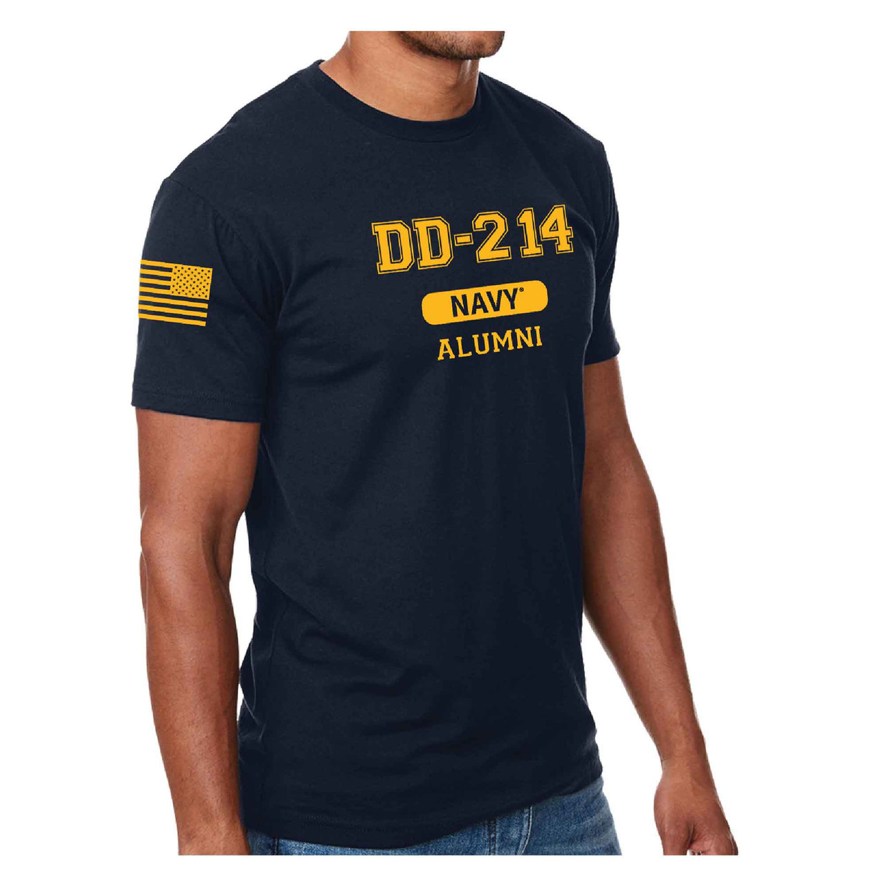 U.S. Navy DD-214 Navy Alumni T-Shirt with American Flag on Sleeve