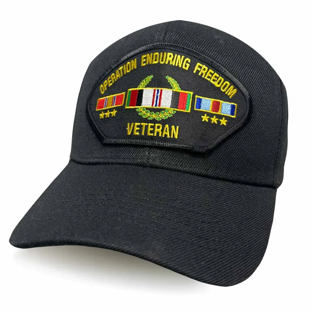 Operation Enduring Freedom Veteran Black Hat with three ribbons